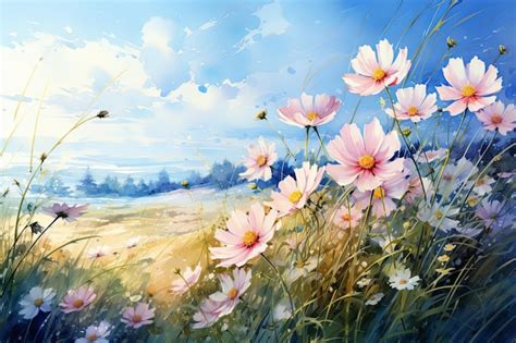 수채화 코스모스 초원 꽃 들판 하늘 배경 여름 봄 꽃 예술 일러스트레이션 프리미엄 사진