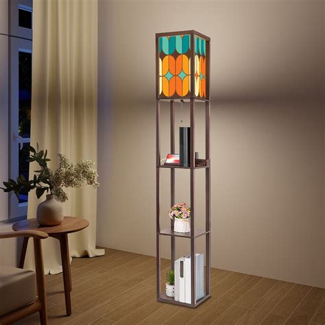 Mid Century Modern Orange Teal Geometric Pattern Floor Lamp With