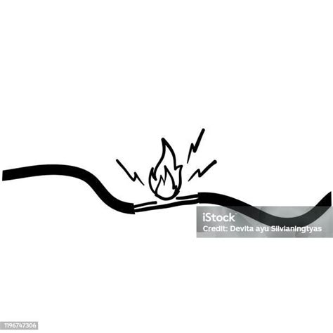 와이어가 타오르고 있습니다 화재 배선 케이블에 결함이 있습니다 과부하로 인한 화재 전기 안전 개념 단락 전기 회로 깨진 전기 연결손으로 그린 낙서 만화 스타일 갈색에 대한