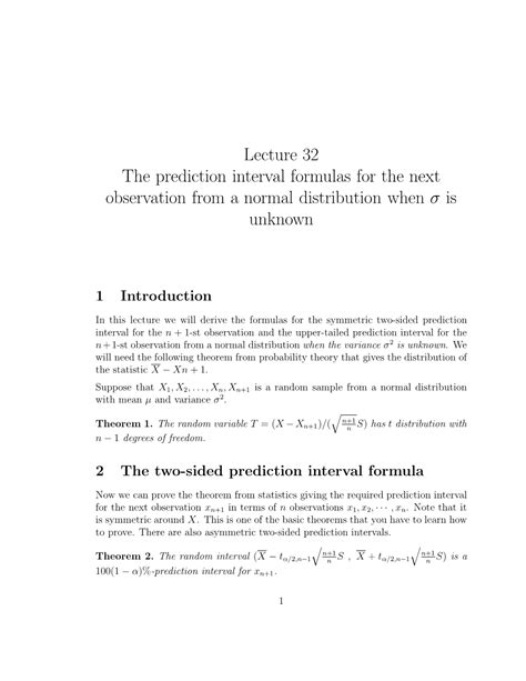 Lecture 32 The Prediction Interval Formulas For The Next Observation From A Normal Distribution