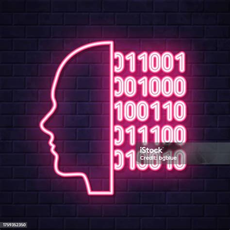 바이너리 코드가 있는 인간의 얼굴입니다 벽돌 벽 배경에 빛나는 네온 아이콘 0에 대한 스톡 벡터 아트 및 기타 이미지 0