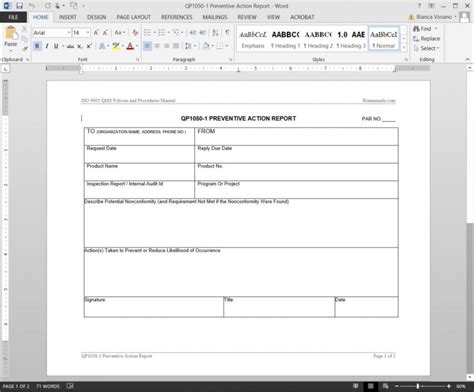 Preventive Action Report Iso Template In Corrective Action Report Template 10 Examples Of