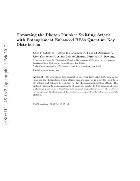 Pdf Thwarting The Photon Number Splitting Attack With Entanglement Enhanced Bb84 Quantum Key
