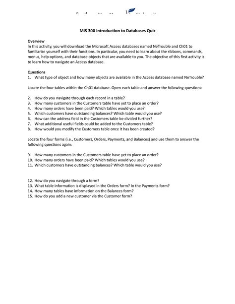 Mis 300 Introduction To Databases Quiz In Particular You Need To