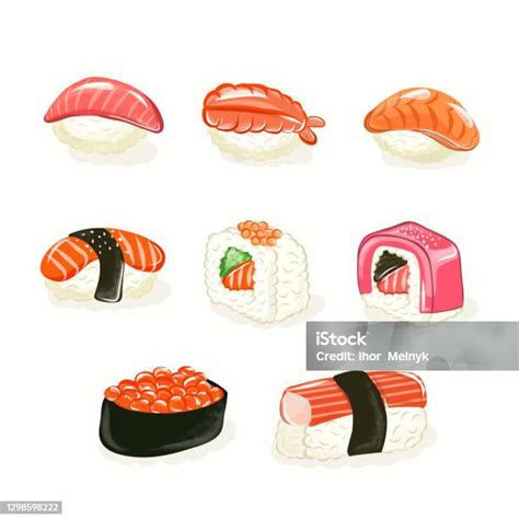 스시 롤 세트 스시 롤 플랫 푸드와 일본 해산물 초밥 롤 맛있는 아시아 요리 레스토랑 건강한 생활방식에 대한 스톡 벡터 아트 및 기타 이미지 건강한 생활방식 고추냉이