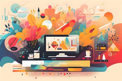 Computer Monitor Sitting On Top Of Desk Next To Cup Of Coffee Generative Ai Stock Illustration