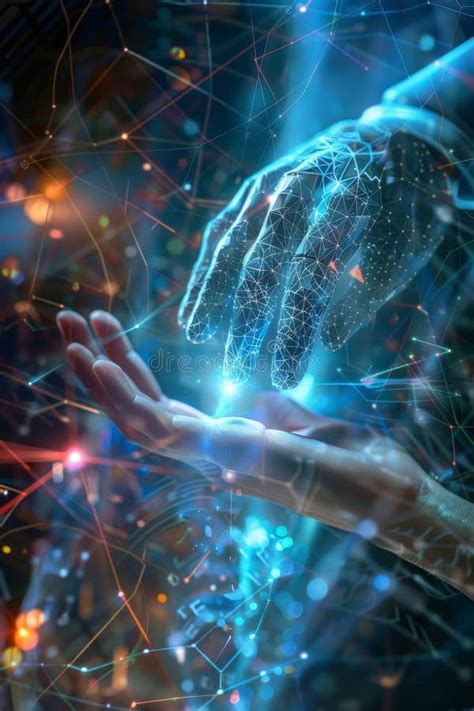 Human And Robotic Hands Touching In Front Of Abstract Data Connections And Code Background Stock Human And Robotic Hands Touching In Front Of Abstract Data Connections And Code Background Stock