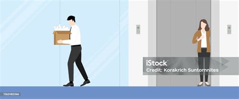 해고 개념 리프트 작업장에서 떠나는 재산 상자를 가진 실업자 사무실 남자 일자리 배치 해고 경제 위기 사업 실패와 실업 문제 평평하고 최소한의 스타일 실업에 대한 스톡 벡터