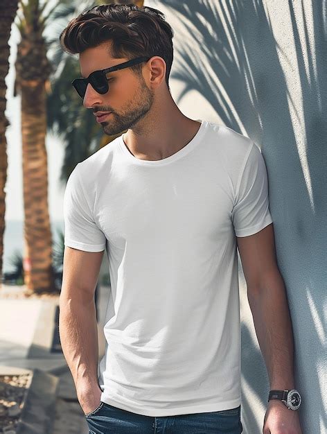 Man Wearing White T Shirt Mockup In Outdoor Background Premium Ai
