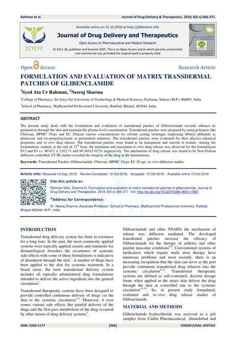 Pdf Formulation And Evaluation Of Matrix Transdermal Patches Of Glibenclamide