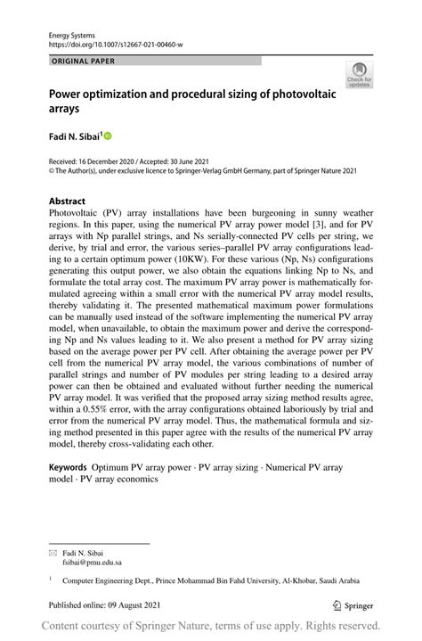 power optimization and procedural sizing of photovoltaic arrays request pdf