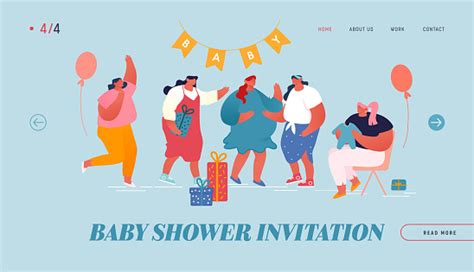 베이비 샤워 이벤트 웹 사이트 방문 페이지 여성 캐릭터 스탠드 주위에 임신 한 여자 에 방 장식 풍선 과 화환 주기 선물 에 소녀 웹 페이지 배너 만화 플랫 벡터 일러스트
