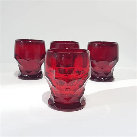 4oz Libbey Ruby Red Georgian Thumbprint Glassware Set Of 4 Juice Glasses Whiskey Glass Mid