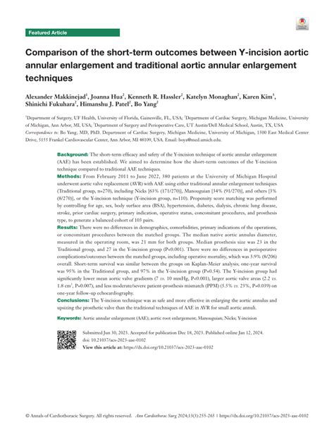 Pdf Comparison Of The Short Term Outcomes Between Y Incision Aortic Annular Enlargement And