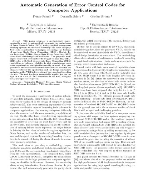 Pdf Automatic Generation Of Error Control Codes For Computer Applications