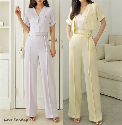 러브선데이 노카라 반팔 숏 자켓 와이드 롱 슬랙스 투피스 세미정장 셋업 수트 여성 페미닌룩 요플레 바지정장세트