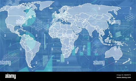 Displaying White World Map Over Server Rack Interface Showing Hex Grids Bar Charts And Data