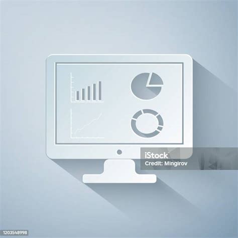 회색 배경에 격리 된 그래프 차트 아이콘이있는 종이 잘라 컴퓨터 모니터 텍스트 파일 아이콘을 보고합니다 회계 기호입니다 감사