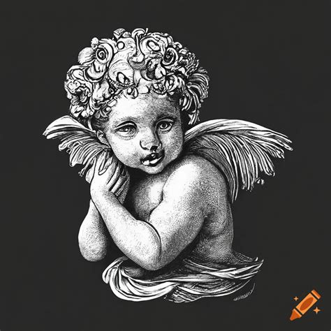 Detailed Black And White Drawing Of Cherubs In Classical Art Style On