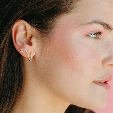 Elongated Huggie Hoops Gold Rainbow Pave Hoops Amanda Deer Jewelry