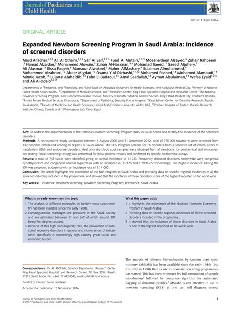 Pdf Expanded Newborn Screening Program In Saudi Arabia Incidence Of Screened Disorders Saudi