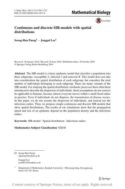 Continuous And Discrete Sir Models With Spatial Distributions Request Pdf