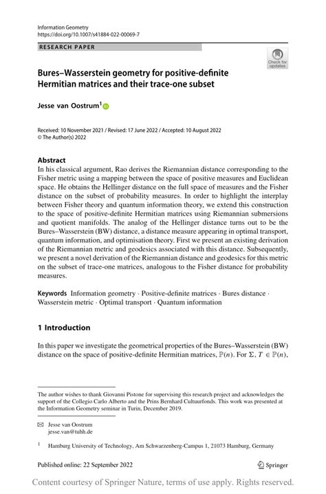 Pdf Bureswasserstein Geometry For Positive Definite Hermitian Matrices And Their Trace One Subset