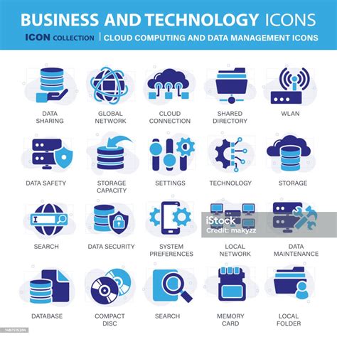 기술 클라우드 컴퓨팅 및 데이터 관리 아이콘 세트 모바일 컴퓨팅 연결 클라우드 및 네트워킹 아이콘 세트 아이콘 벡터 컬렉션 아이콘에 대한 스톡 벡터 아트 및 기타 이미지