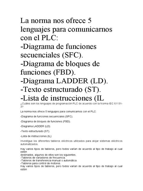 ¿cuáles Son Los Lenguajes De Programación Plc De Acuerdo Con La Norma