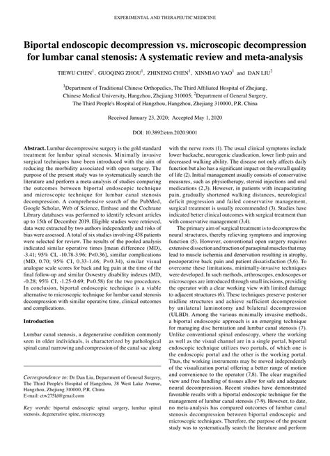 Pdf Biportal Endoscopic Decompression Vs Microscopic Decompression For Lumbar Canal Stenosis