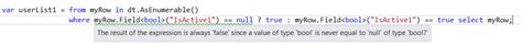 C Error Linq Query Returns True Or False If Null Value In The Row