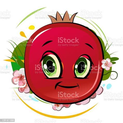 석류 쾌활한 미소 총구와 육즙 붉은 과일 만화 스타일 흰색 배경 위에 격리 벡터 그림입니다 밝은 여름 구성 0명에 대한 스톡