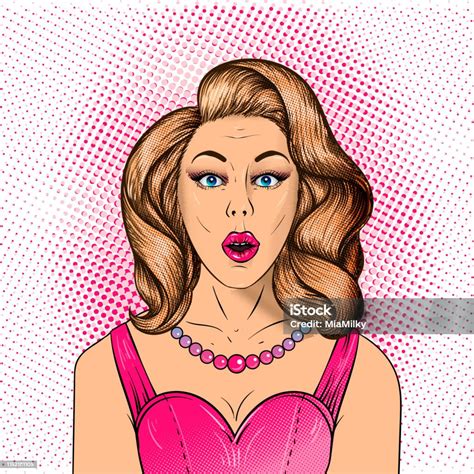 와우 여자 얼굴을 놀라게 오픈 입과 금발 곱슬 머리 놀라운 감정을 보여주는 젊은 여자 충격 팝 아트 레트로 만화 스타일에서 벡터 화려한 배경입니다 Nvitation 포스터