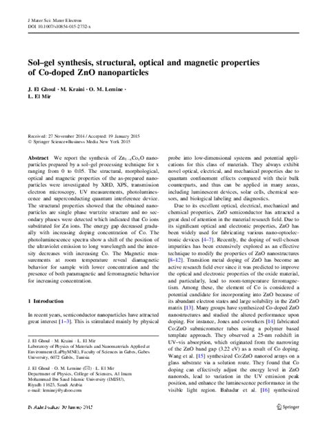 Pdf Sol Gel Synthesis Structural Optical And Magnetic Properties Of Co Doped Zno Nanoparticles