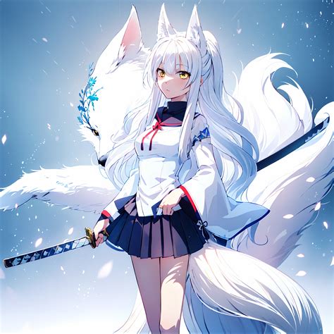 Anime Girl With White Hair And Blue Skirt Holding A Sword Seaart Ai