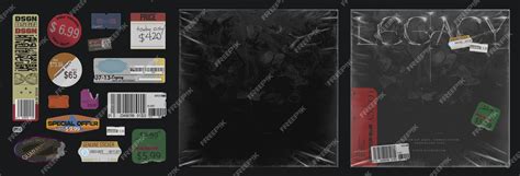 완전히 편집 가능한 스티커 컬렉션이 있는 앨범 커버 아트 디자인을 위한 사실적인 플라스틱 랩 오버레이 프리미엄 벡터