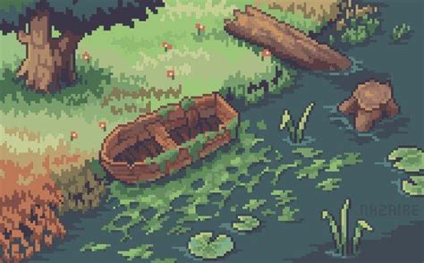 Pixel Art Landscape With Trees And Water