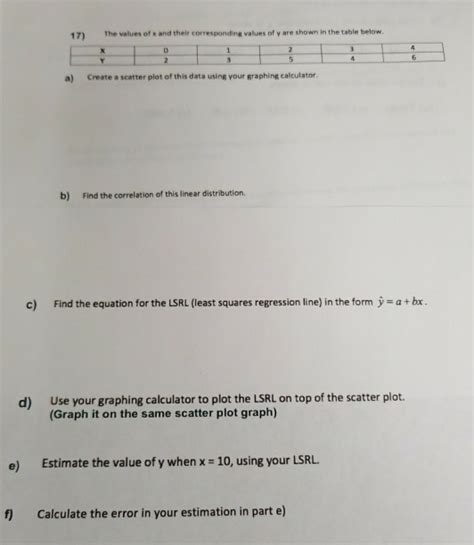 solved 17 the values of x and their corresponding values of