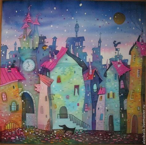 Батик панно Вечерний Городок в интернет магазине на Ярмарке Мастеров Картины Санкт