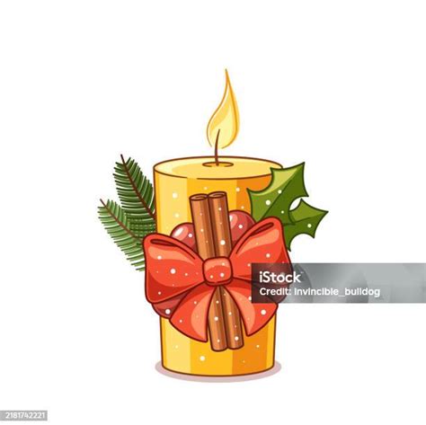 불타는 크리스마스 촛불 장식은 호랑가시나무 소나무 가지 그리고 빨간 리본 활로 장식 만화 벡터 일러스트 레이 션 12월에 대한 스톡 벡터 아트 및 기타 이미지 Istock