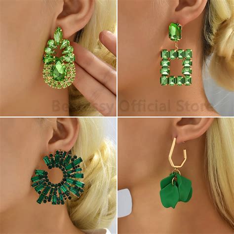 한국 패션 그린 크리스탈 드롭 기하학 꽃잎 귀걸이 여성을 위한 럭셔리 디자인 파티 과장된 주얼리 액세서리 Aliexpress