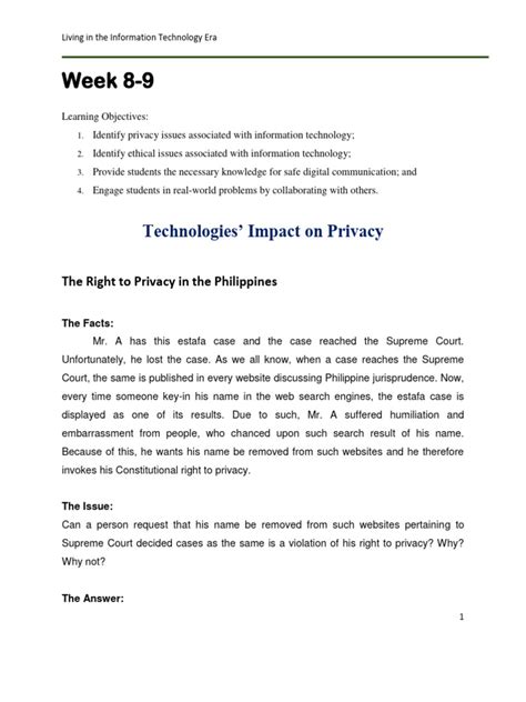 Week 8 9 Lesson On Living On The It Era 2 Pdf Defamation Privacy