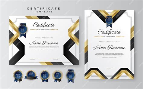 수상 비즈니스 및 교육 요구 사항에 대한 고급 배지와 현대적인 선 패턴이 있는 성취 테두리 템플릿의 검정 및 금 인증서 프리미엄 벡터