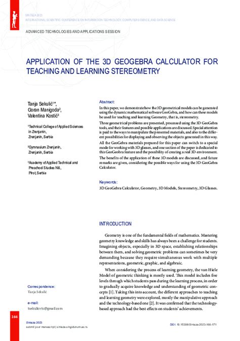 Pdf Application Of The 3d Geogebra Calculator For Teaching And Learning Stereometry