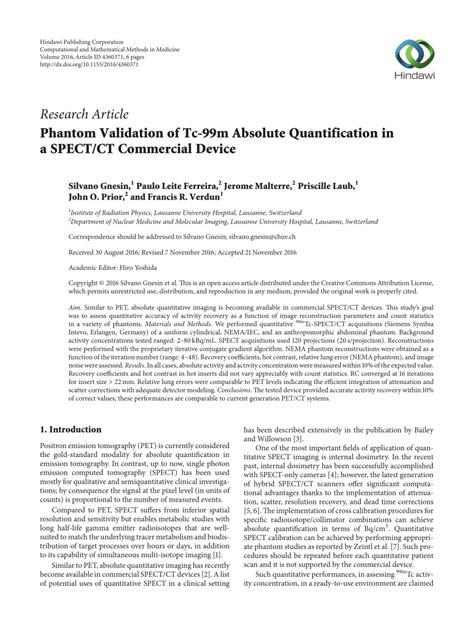 Pdf Phantom Validation Of Tc 99m Absolute Quantification In A Spect