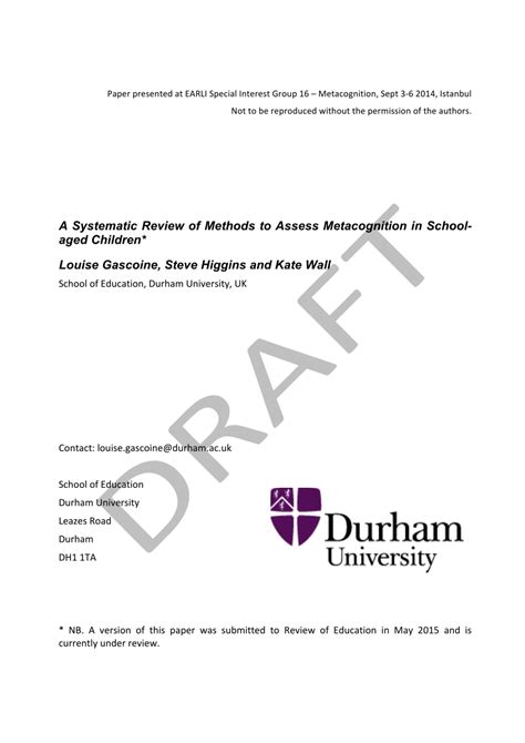 Pdf A Systematic Review Of Methods To Assess Metacognition In School