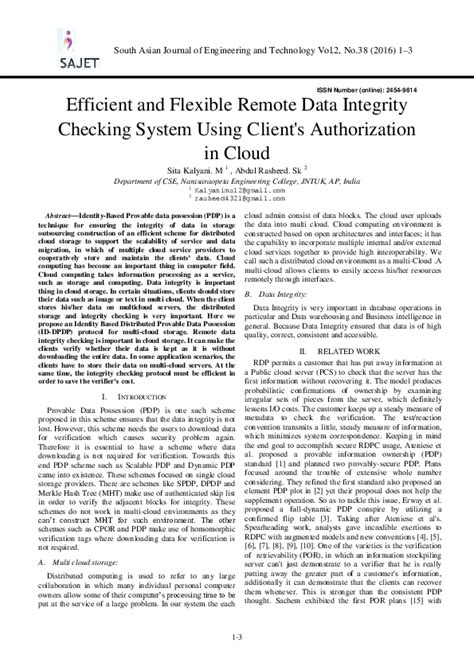 Efficient And Flexible Remote Data Integrity Checking System Using Clients Authorization In Cloud