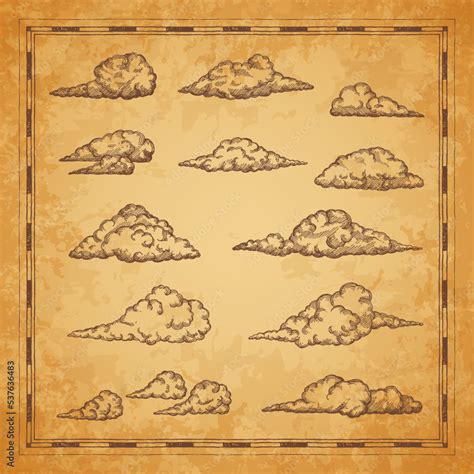 Vintage Map Clouds And Cloudiness Sketch For Adventure Map Vector Background Pirate Treasure