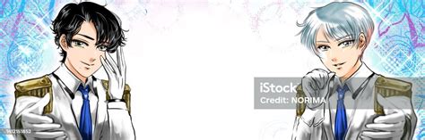 은색과 검은색으로 장식된 머리카락을 가진 잘 생긴 우상들의 만화 스타일의 컬러 와이드 일러스트레이션이 화이트 프린스 스타일의 턱시도로 팬들과 꽃밭 배경에 손을 내밀고