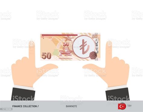 50 터키 리라 은행권입니다 비즈니스 손 지폐를 측정입니다 평면 스타일 벡터 일러스트입니다 비즈니스 금융 개념입니다 리라 기호에 대한 스톡 벡터 아트 및 기타 이미지
